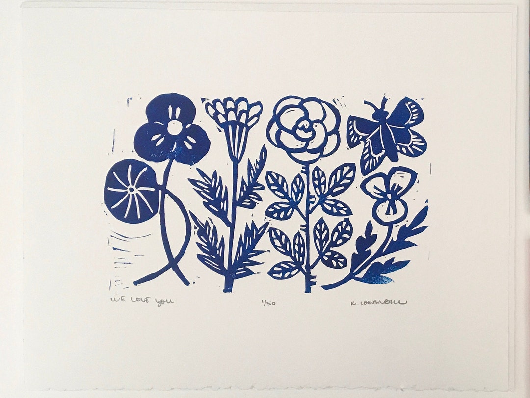 Block Print Flowers, Hand Printed Floral Art, Flowers Wall Art ...