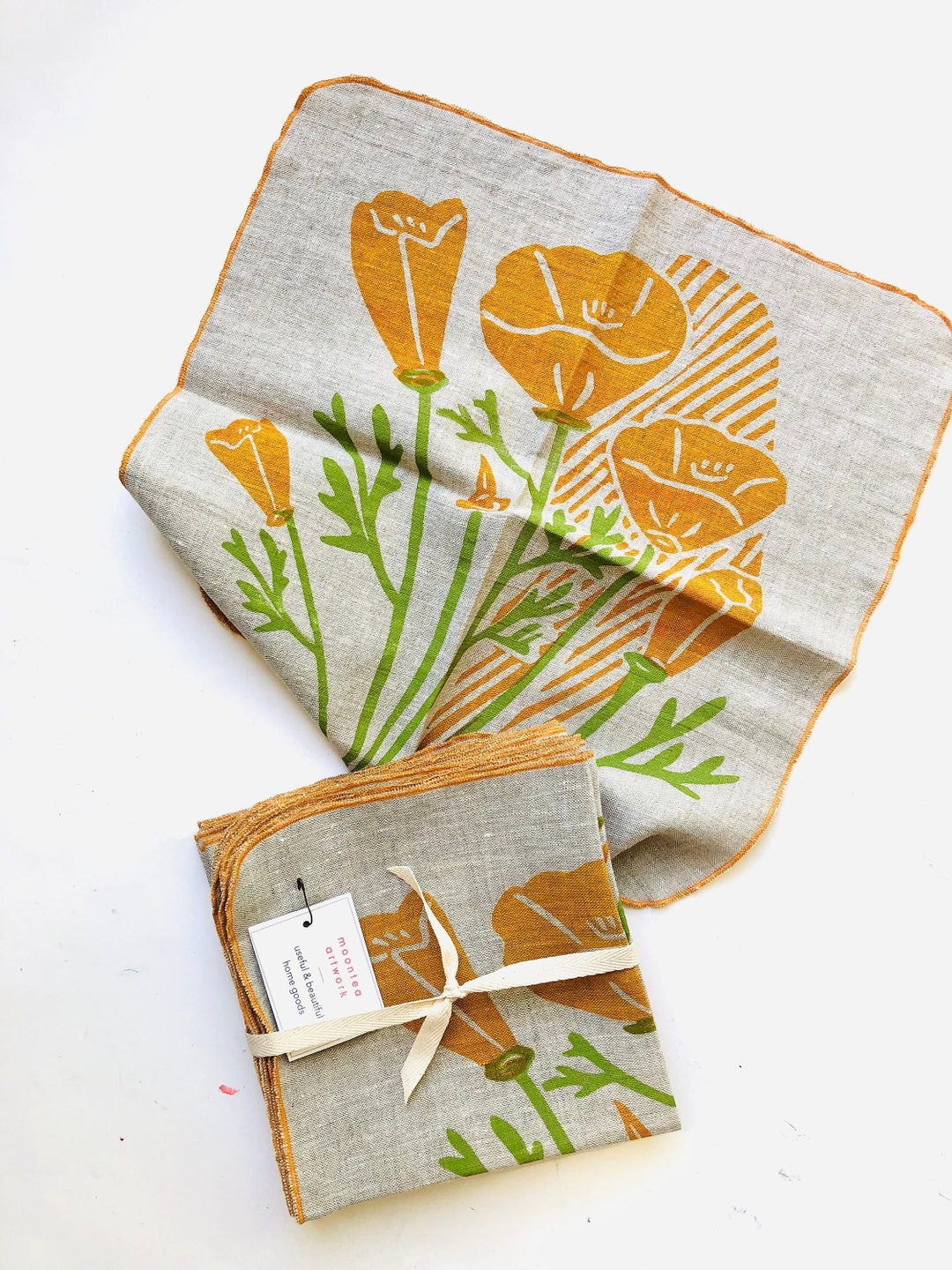 California Poppy Linen Napkin Set, Handprinted Cloth Napkins ...