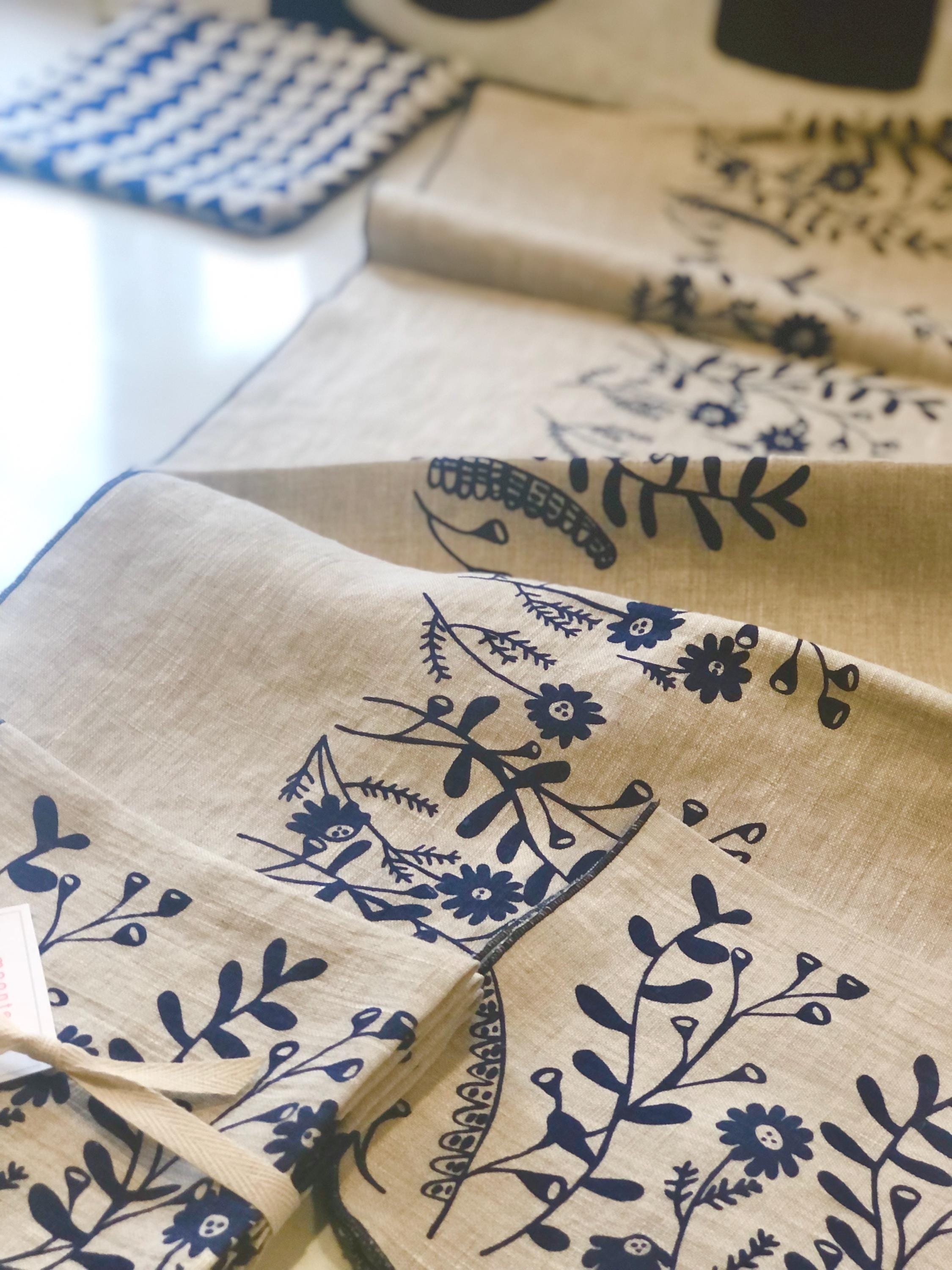 Blue Floral Linen Napkins Set, Handprinted Tableware, Linen Woodsy ...