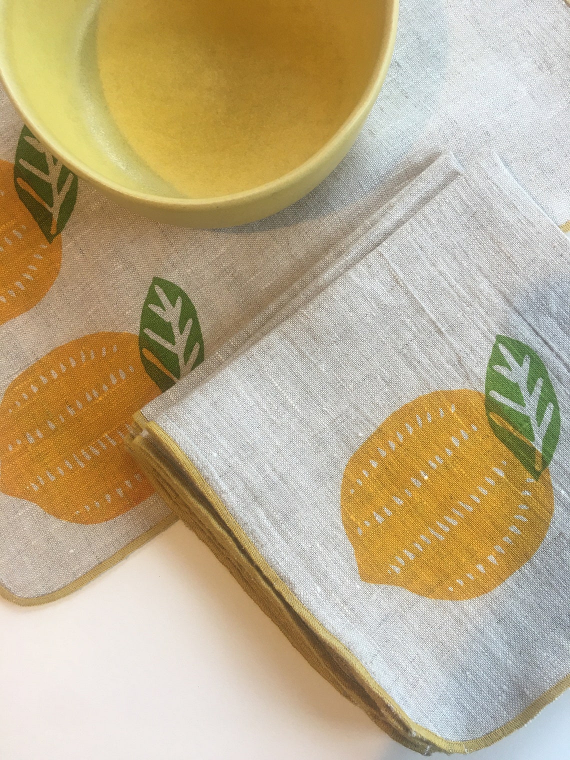 4 Lemon Linen Fabric Napkins Hand Printed Gift - Etsy