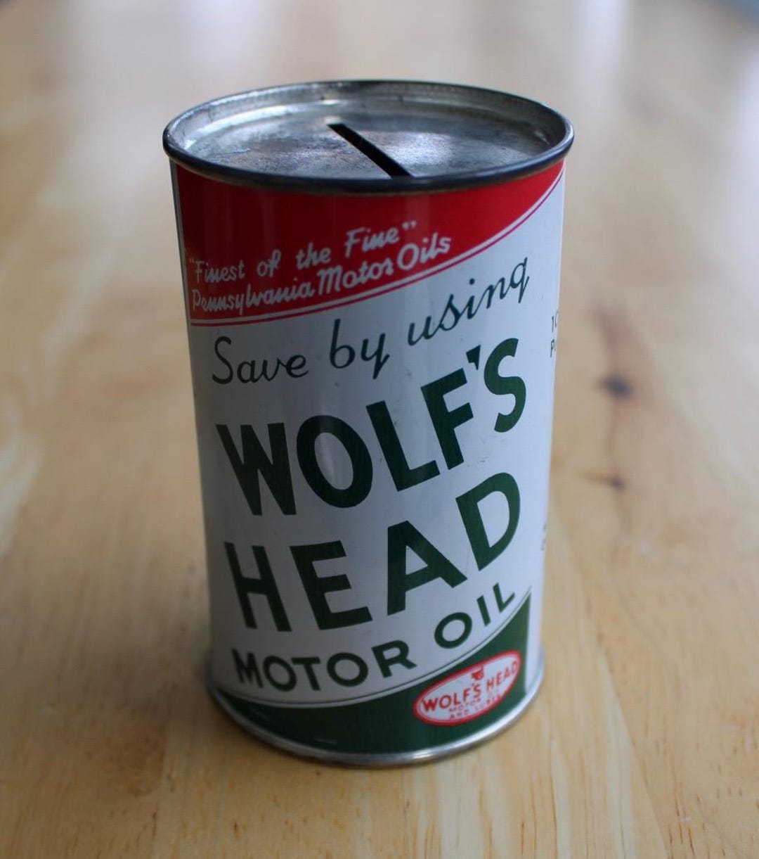 Vintage Wolf’s Head Motor Oil Tin Bank — Small Can Style — Pennsylvania ...
