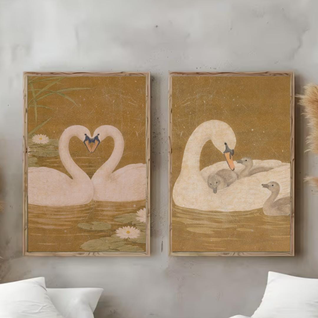 Set of Two Swan Prints, Swan Art, Chinoiserie Vintage Asian Wall Art ...