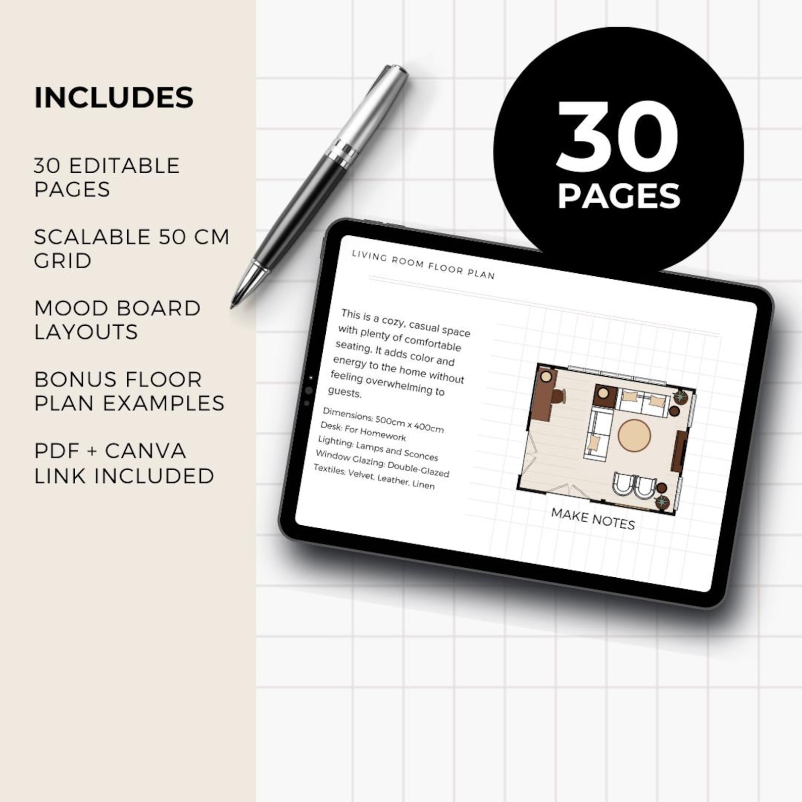 Interior Design Floor Plan & Mood Board Canva Template (30-page Metric ...