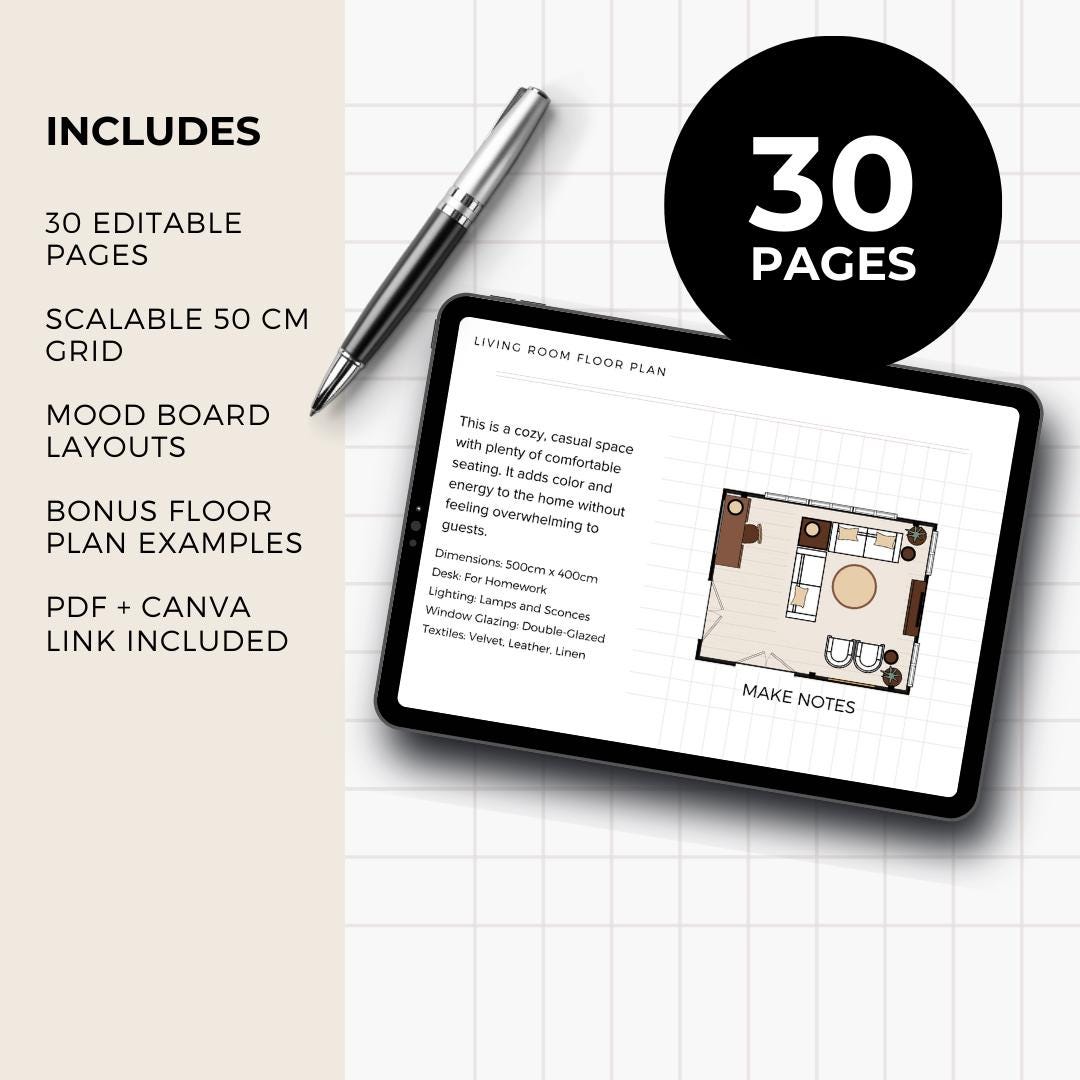 Interior Design Floor Plan & Mood Board Canva Template (30-page Metric ...