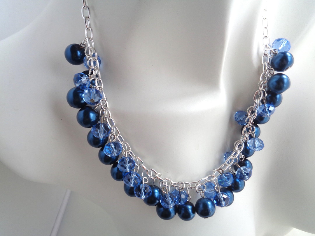 Classic Tonal Blue Crystal Pearl Wedding Bib Necklace – Navy & Light ...