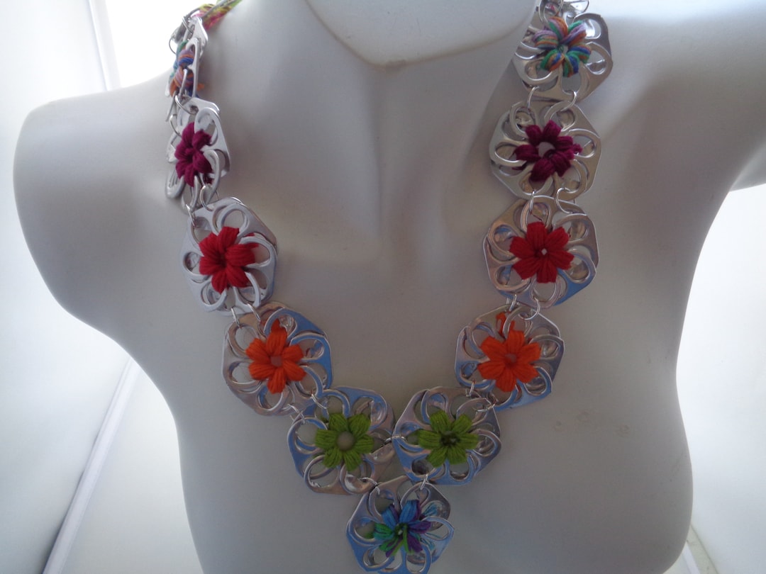 Upcycled Soda Can Pull Tab Necklace: Boho Rainbow Embroidery - Etsy