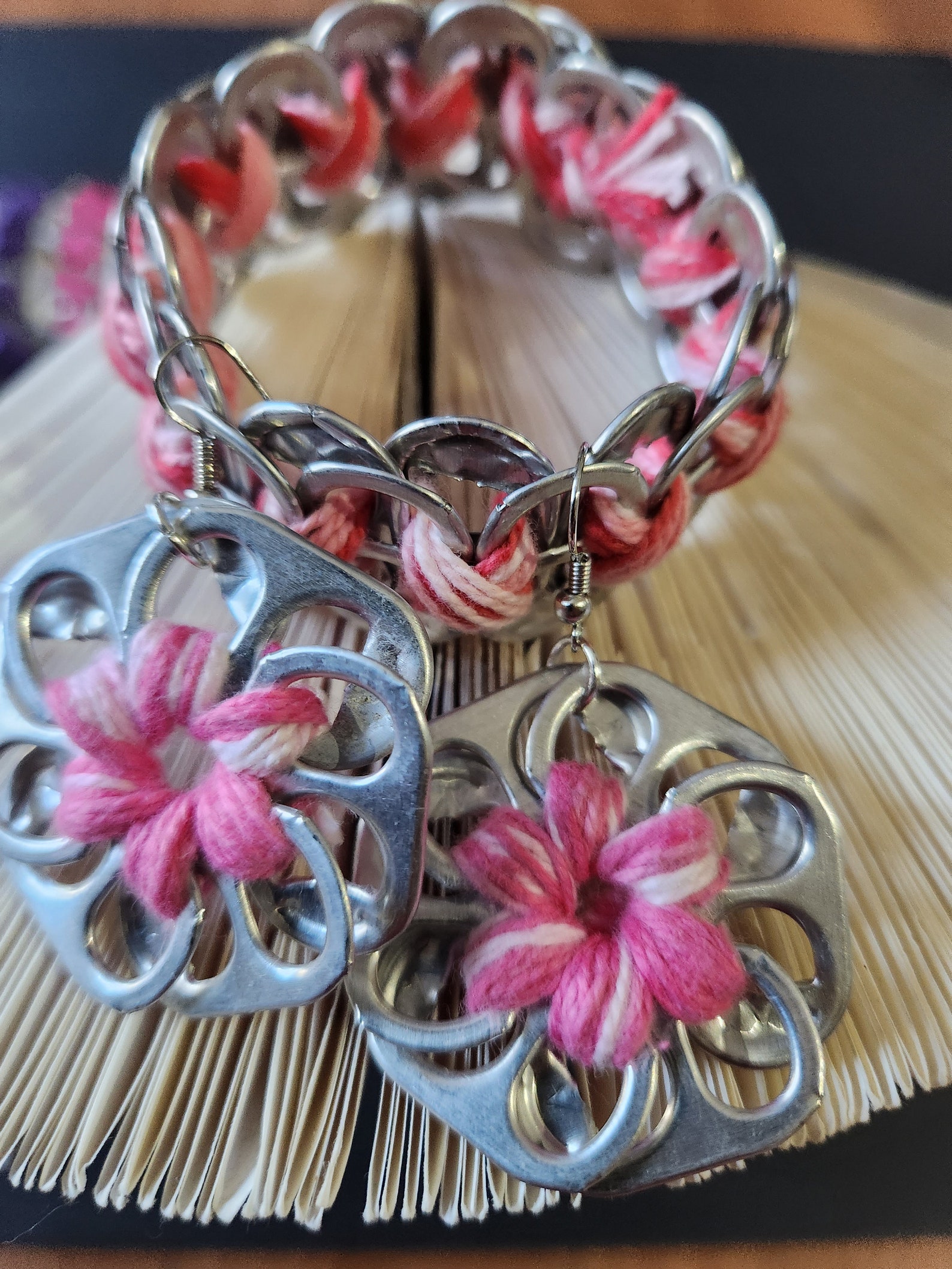 Upcycled Soda Tab Jewelry Set: Crochet Flower Bracelet & Earrings - Etsy
