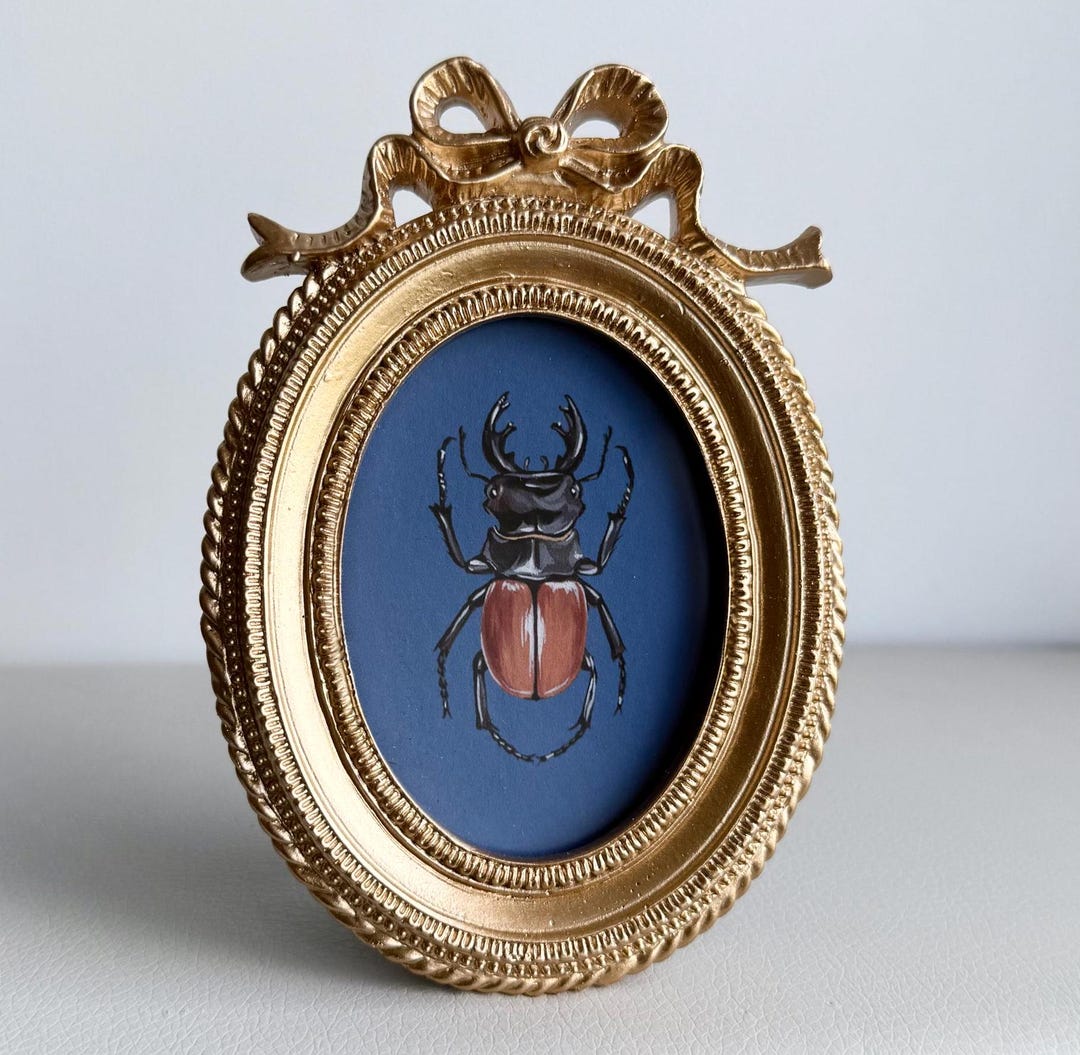 Stag Beetle Art Print Insect Bug Gold Tiny Oval Framed Artwork Vintage ...