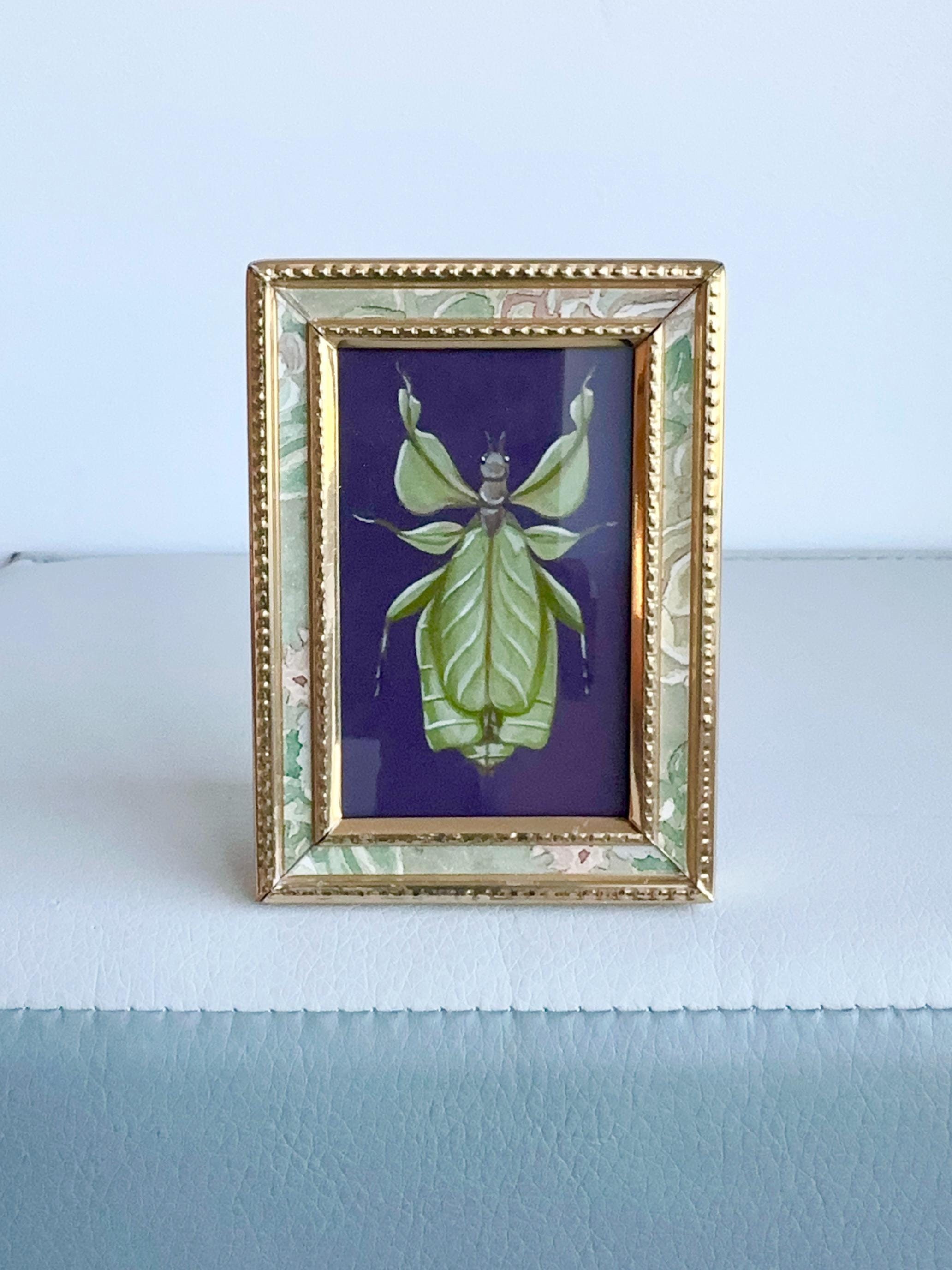 Leaf Insect Bug Art Print Tiny Framed Artwork Vintage Style Brass Frame ...