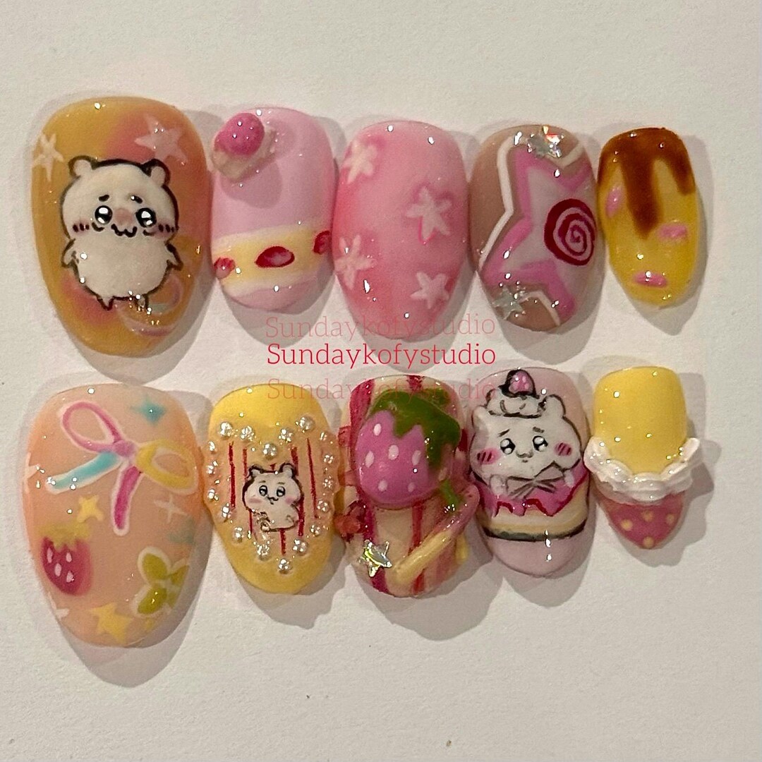Cute Hamster Nails, Pastel Pink Nails, Chibi Nails, Handpainted Nails ...