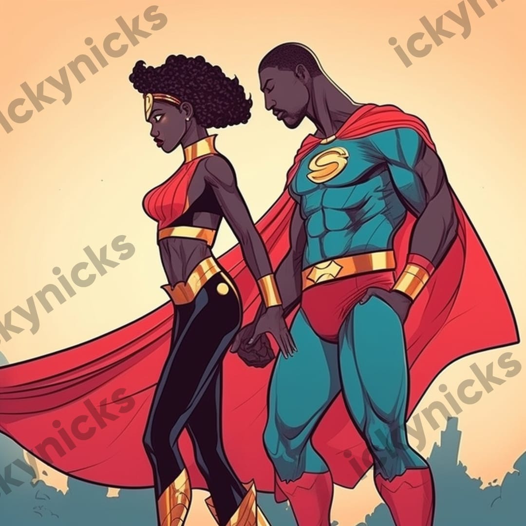 Melanin Fantasy Art Clipart Digital Artwork of Black Woman and Man Hero ...