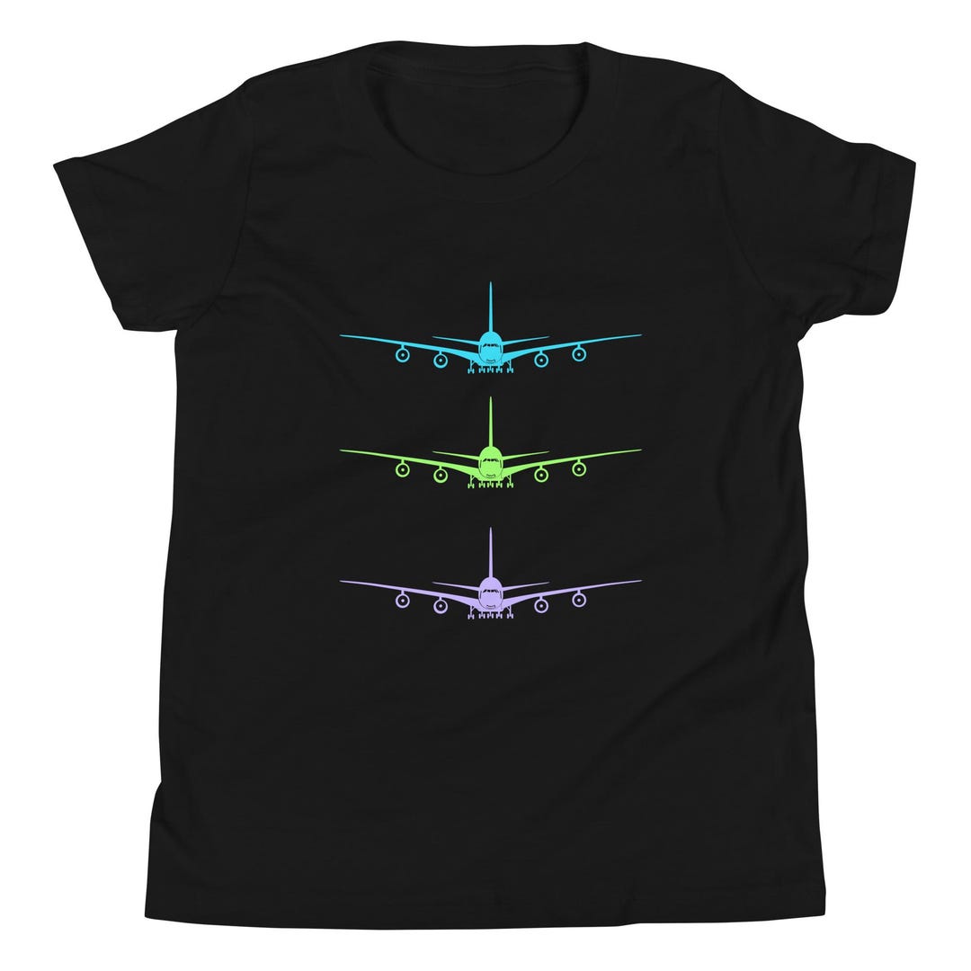 Kids A380 Airplane Tee Black | Colorful Jet Stack Shirt | Future Pilot ...