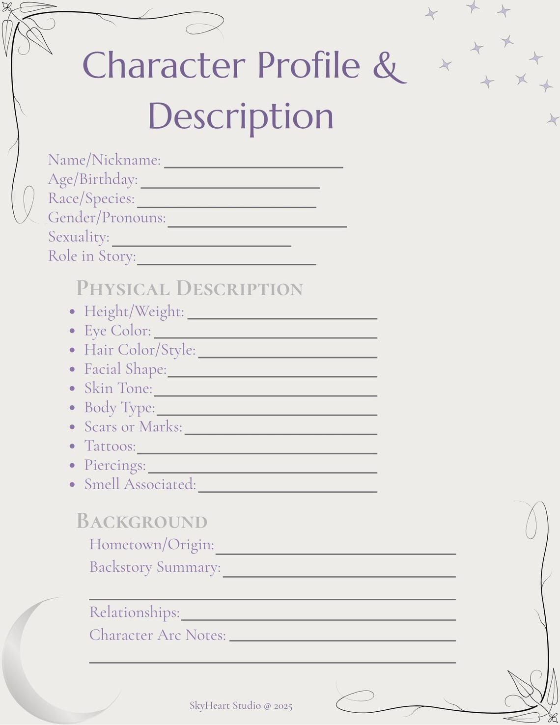 Character Profile & Description Worksheet / Horror-gothic Worldbuilding ...