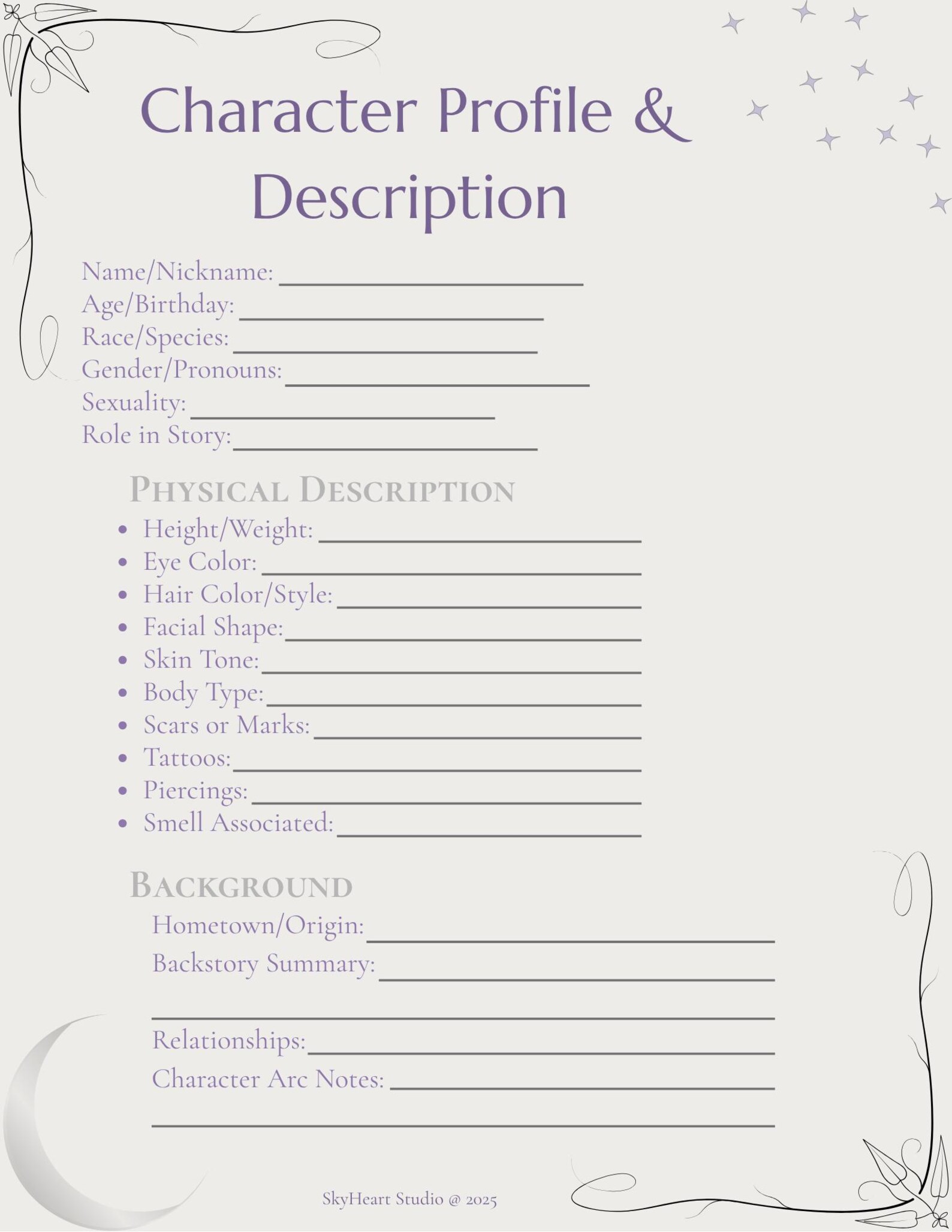Character Profile & Description Worksheet / Horror-gothic Worldbuilding ...