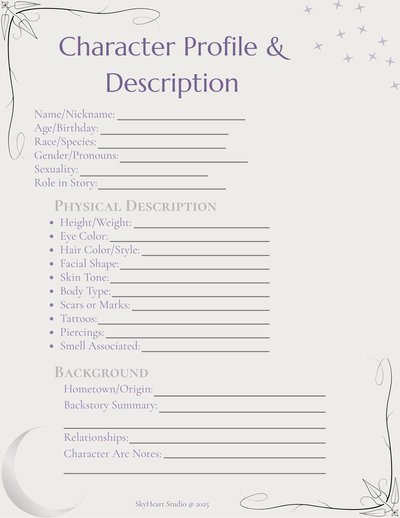 Character Profile & Description Worksheet / Horror-gothic Worldbuilding ...