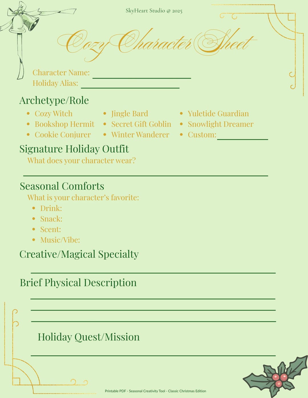 Cozy Character Sheet / Seasonal Creativity Tool / Skyheart Studio - Etsy