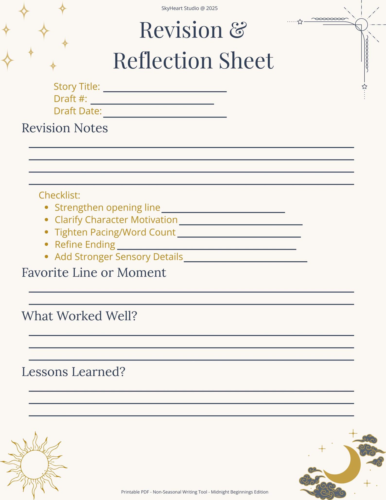Revision & Reflection Sheet / Non-seasonal Writing Tool / Skyheart ...