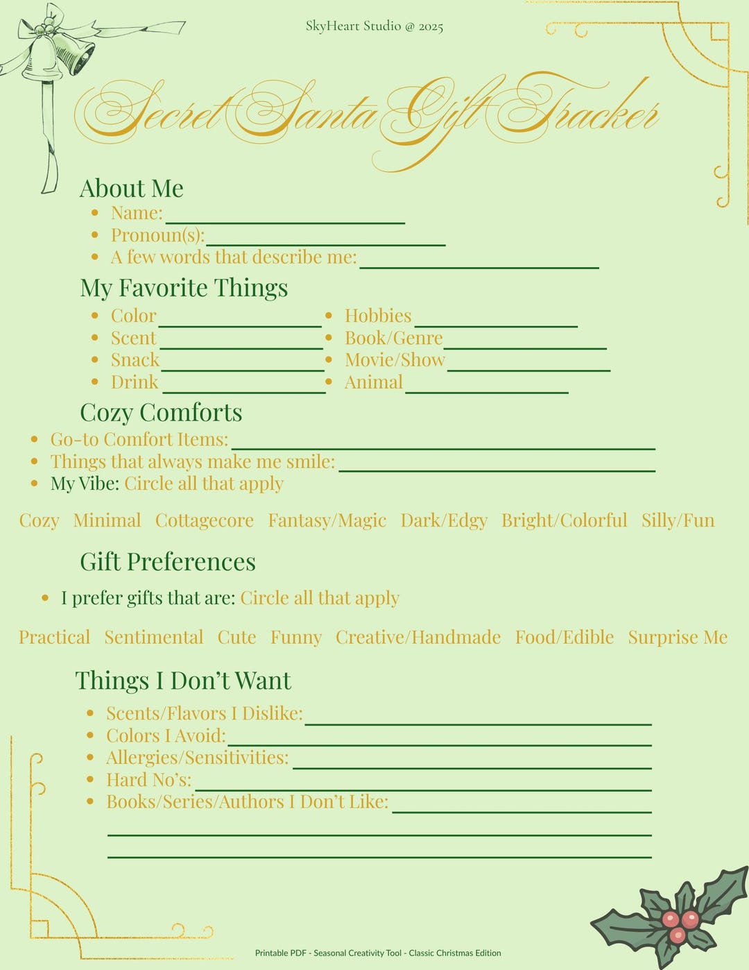 Secret Santa Gift Tracker / Seasonal Creativity Tool / Skyheart Studio ...