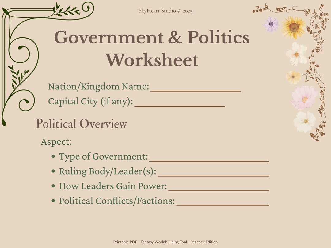 Fantasy Worldbuilding Worksheet: Government & Politics (printable PDF ...
