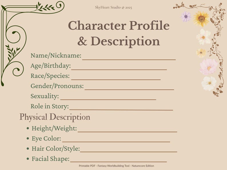 Fantasy Character Profile Worksheet: Naturecore Worldbuilding (PDF) - Etsy
