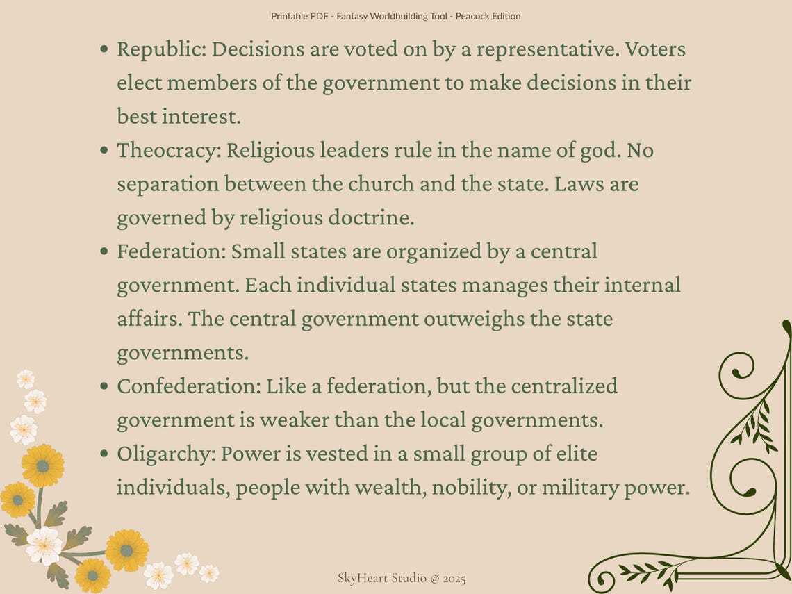 Fantasy Worldbuilding Government Types Worksheet - Naturecore PDF ...