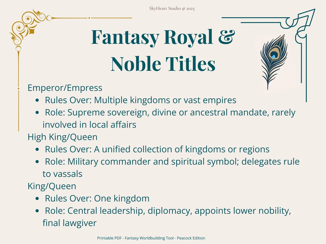 Fantasy Worldbuilding Worksheet: Royal & Noble Titles - Peacock Edition ...