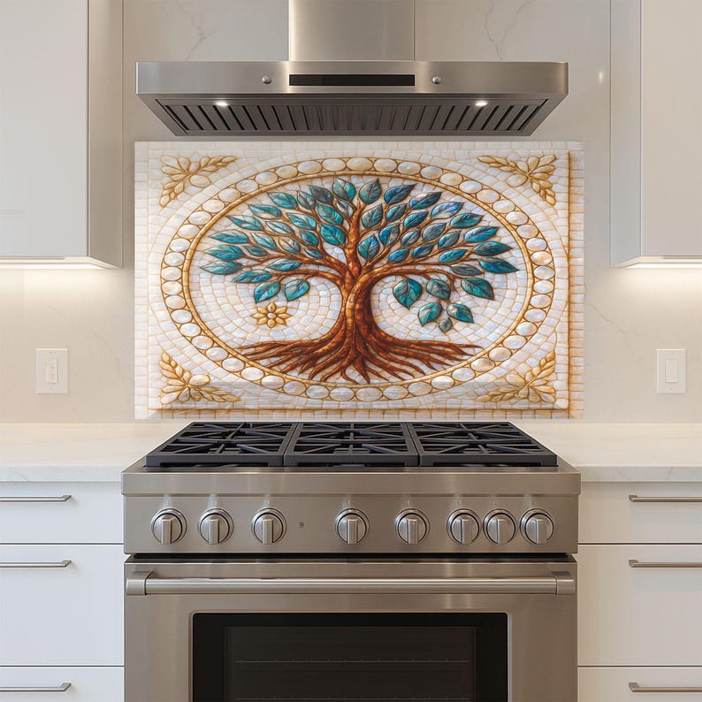 Tree of Life Mosaic Backsplash – Heat Resistant Stove Splash Guard ...