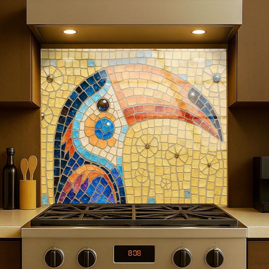 Yellow Mosaic Toucan Kitchen Backsplash – Heat Resistant Stove Splash ...