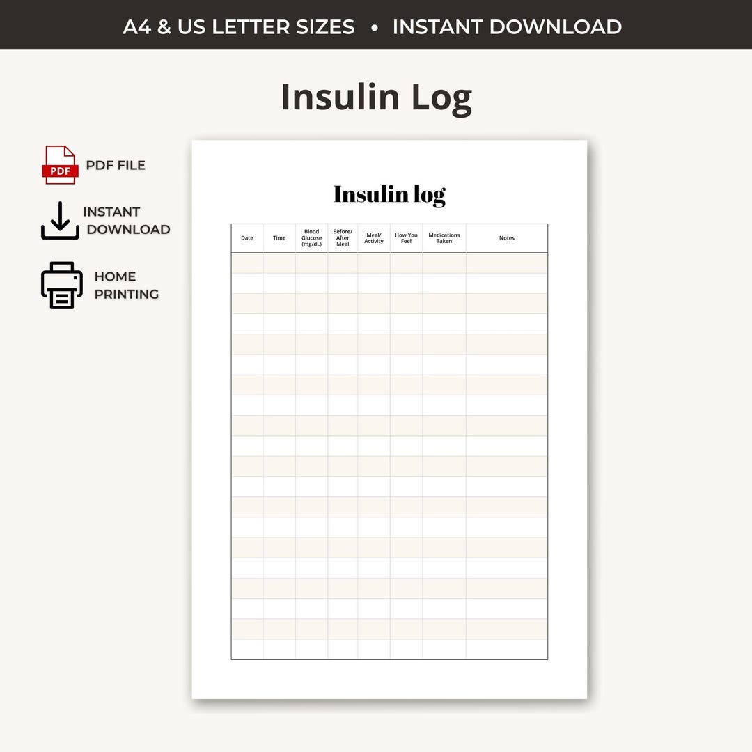 Printable Insulin Log | Blood Glucose Medication Tracker | Diabetes ...