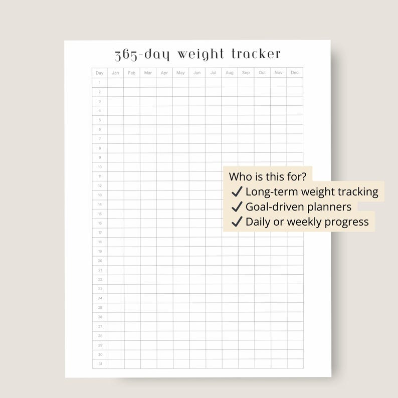 365 Day Weight Tracker PDF • Yearly Weight Loss Log Printable • One ...