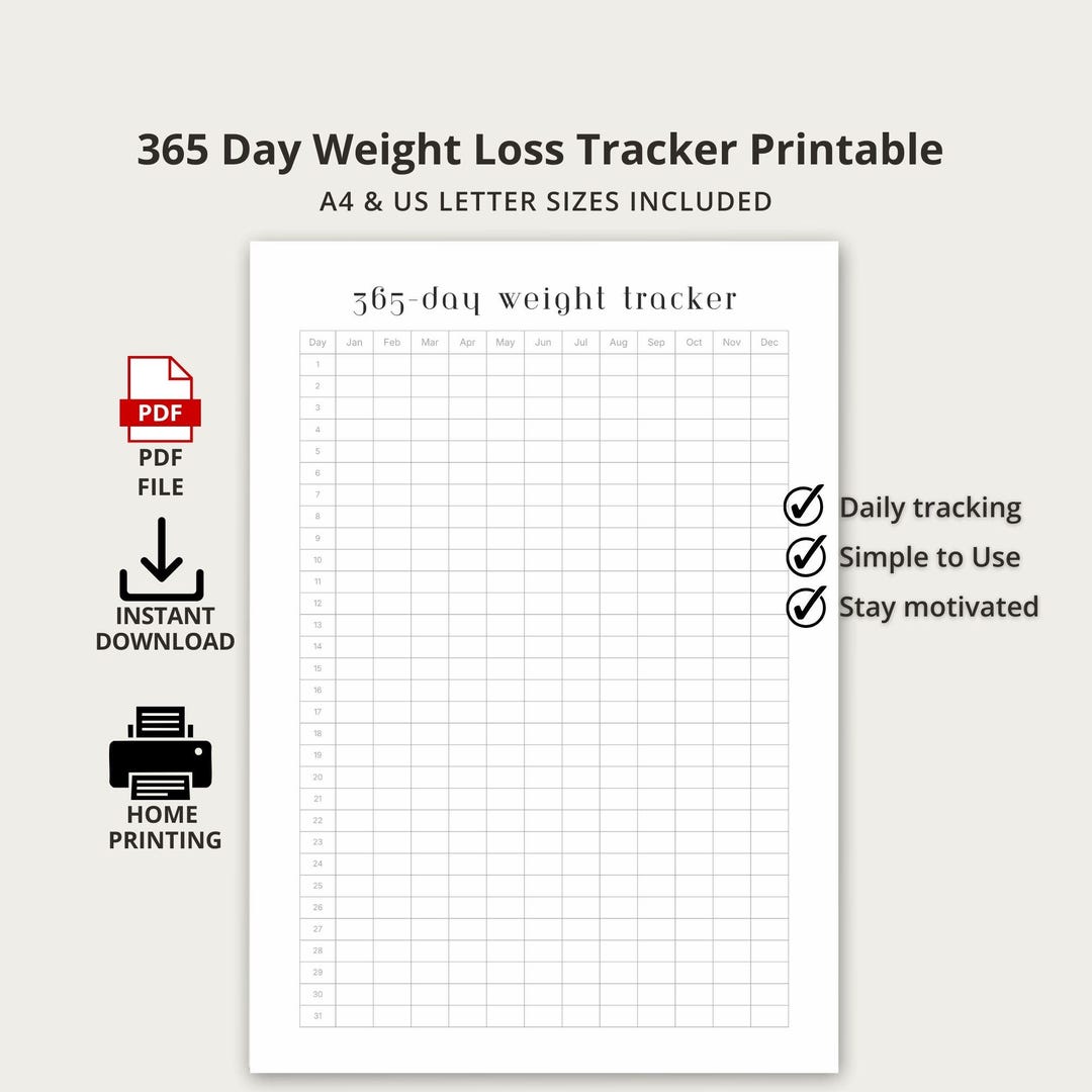 365 Day Weight Tracker PDF • Yearly Weight Loss Log Printable • One ...
