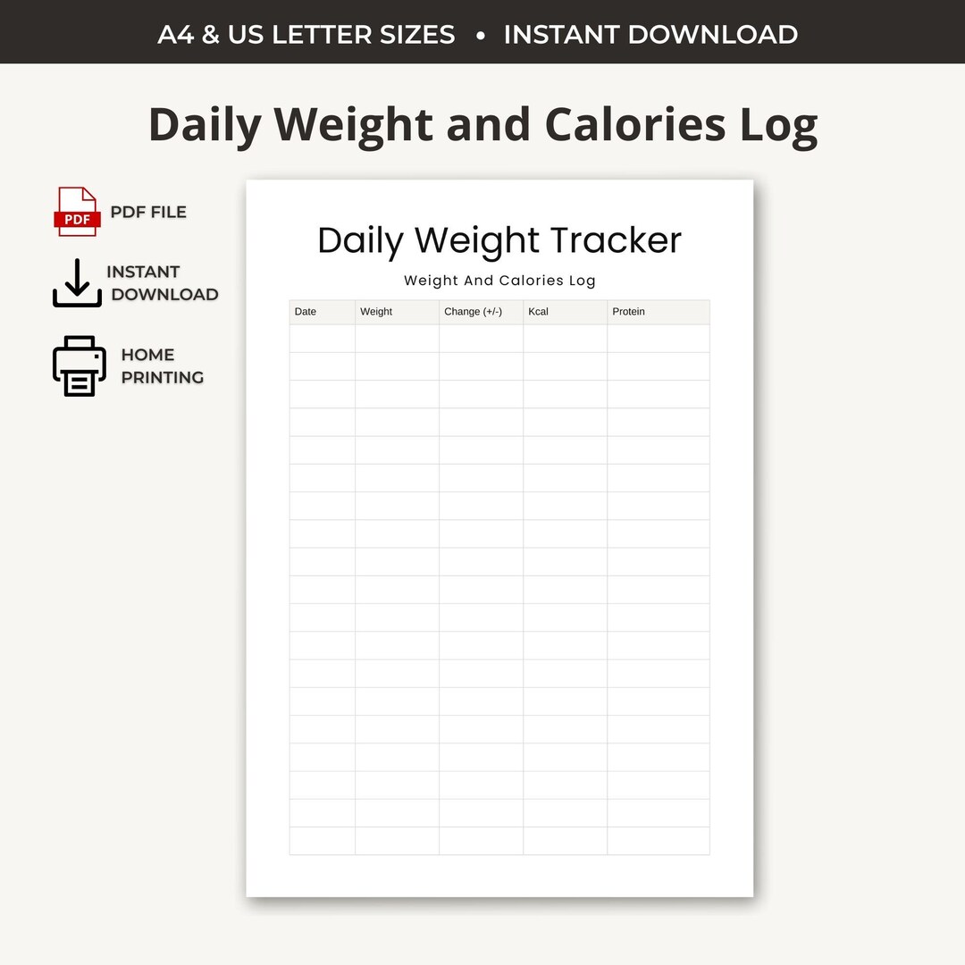 Daily Weight and Calorie Log – One Page Printable Tracker for Weight ...