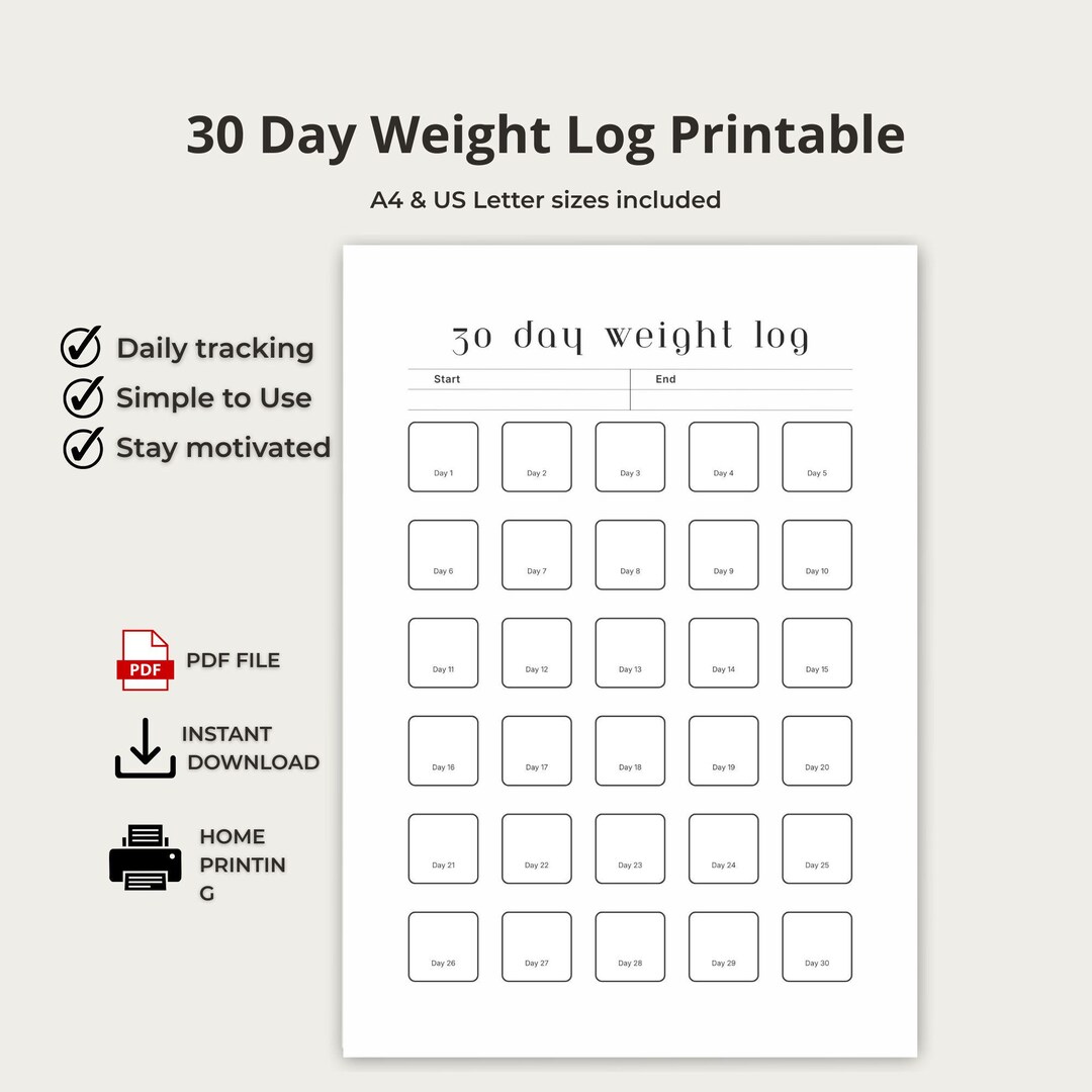 30 Day Weight Loss Tracker PDF • One Page Daily Weight Log Printable ...