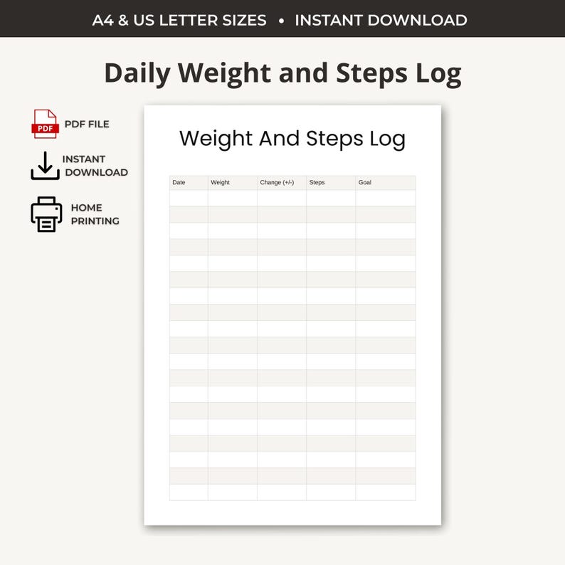 Daily Weight and Steps Log – Printable One Page Tracker for Weight ...
