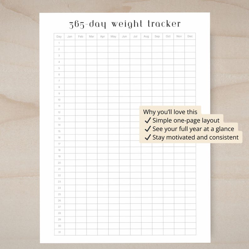 365 Day Weight Tracker PDF • Yearly Weight Loss Log Printable • One ...