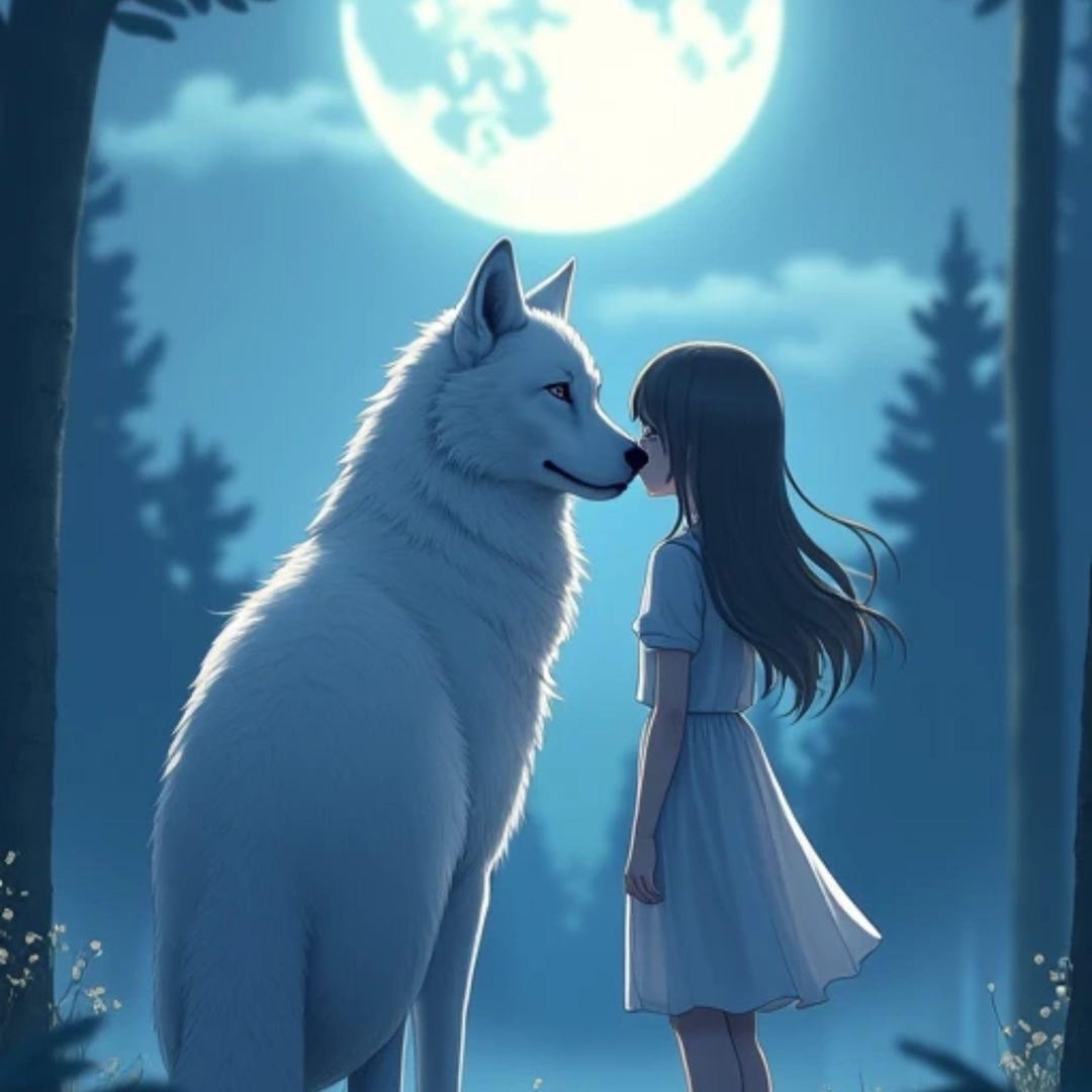 White Wolf & Girl Moonlight Art | Guardian Spirit Fantasy Illustration ...