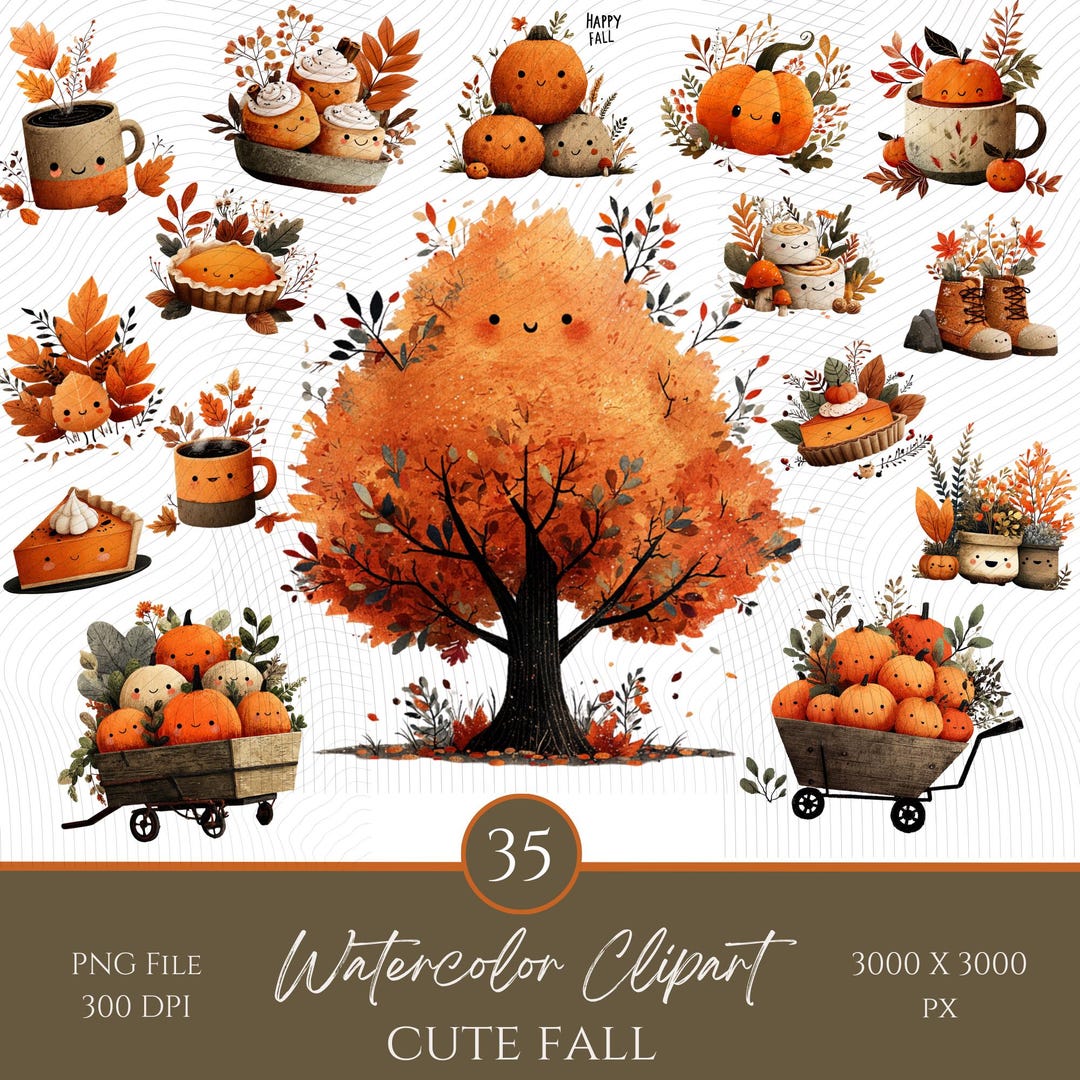 Cute Kawaii Fall Clipart Bundle-watercolor Cozy Fall Png-fall Food Png ...
