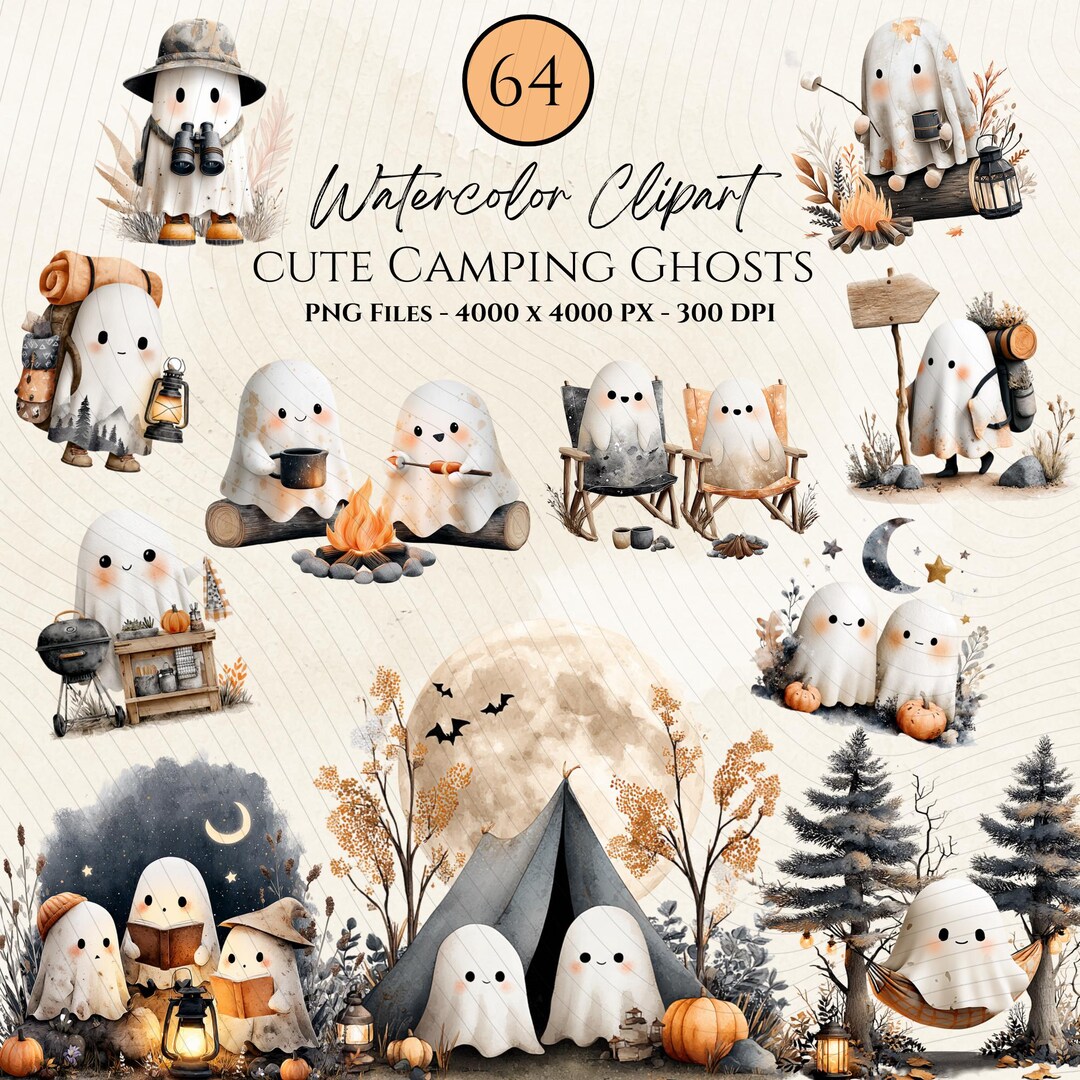Ghosts Camping Clipart Bundle-halloween Campfire Png-tent & Forest ...
