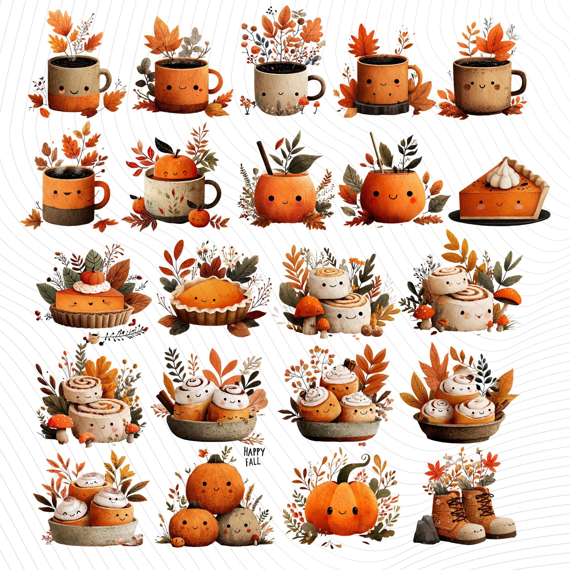 Cute Kawaii Fall Clipart Bundle-watercolor Cozy Fall Png-fall Food Png ...