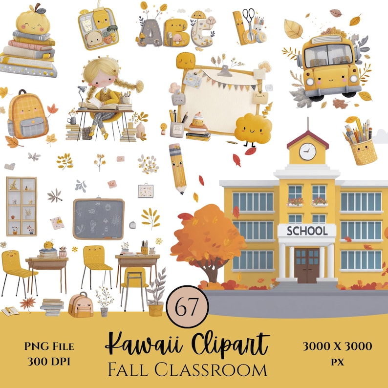 Kawaii Fall Classroom Clipart Bundle | Cute Autumn School PNG Stickers ...