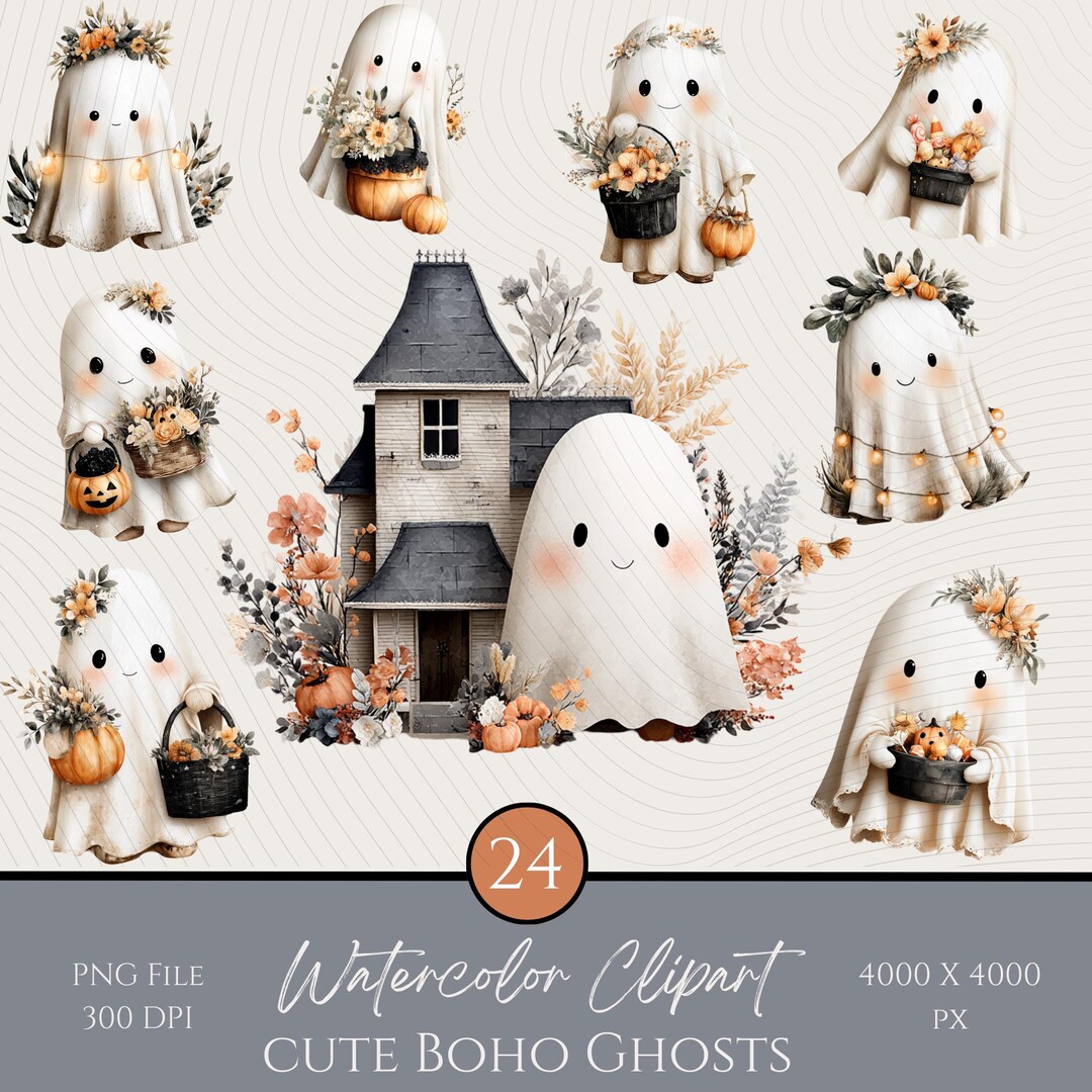 Cute Boho Halloween Ghosts Clipart-kawaii Clipart-whimsical Ghost ...