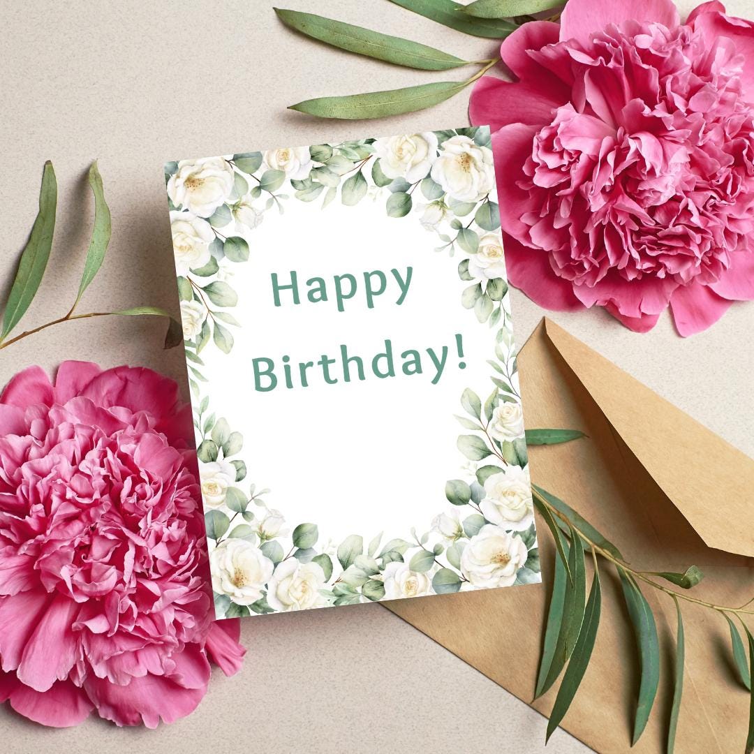Digital and Printable Birthday Card With Roses, DIY Printable Card ...