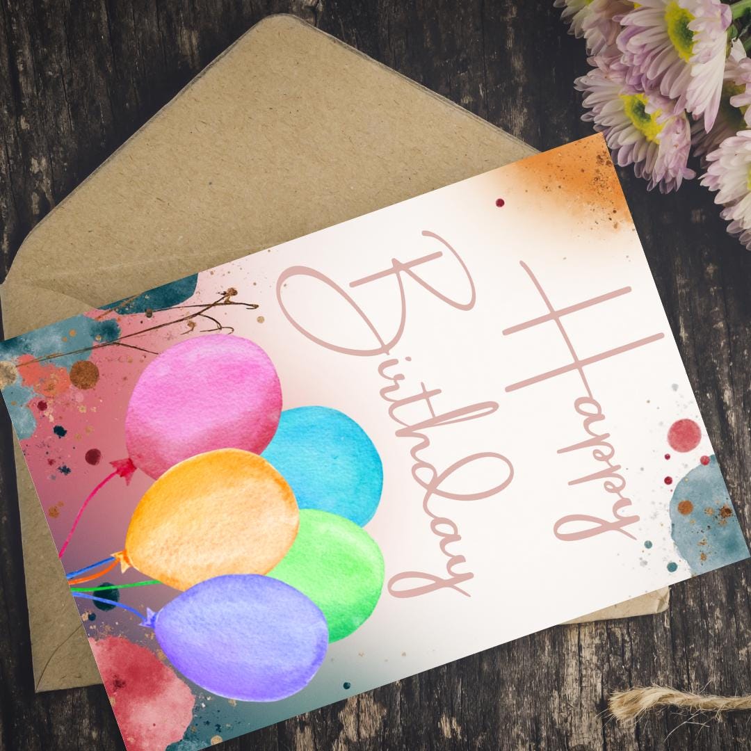 Printable Birthday Card, Digital Birthday Card, Colorful Birthday Card ...