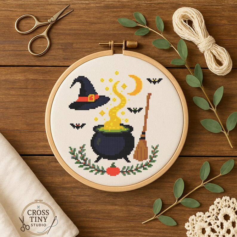 Witchy Cauldron Cross Stitch Pattern: Gothic Halloween Embroidery (PDF ...