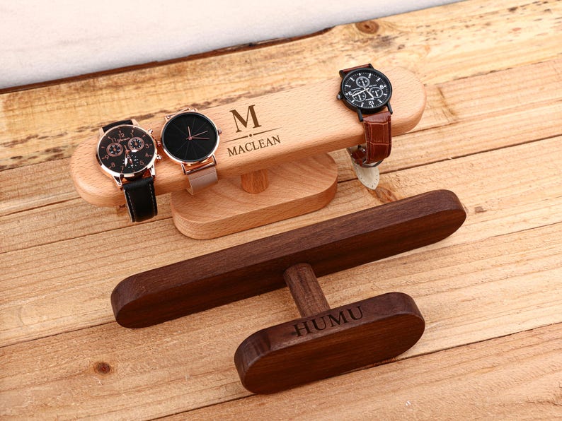 Personalized Name Watch Display Stand for 4 Watches | Oak Walnut Wood ...