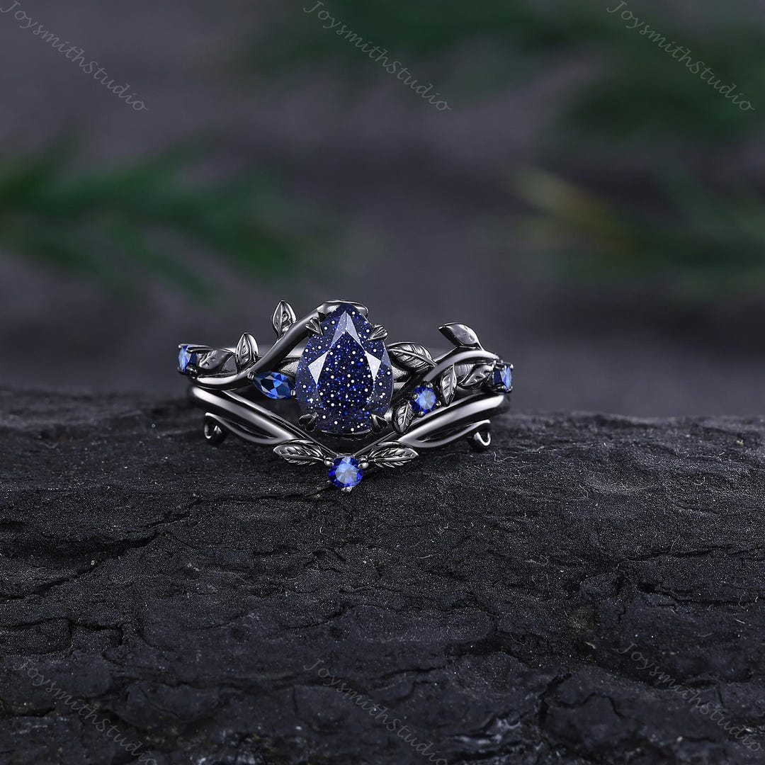 Orion Nebula Blue Sandstone Engagement Ring Set Unique Leaf Design ...