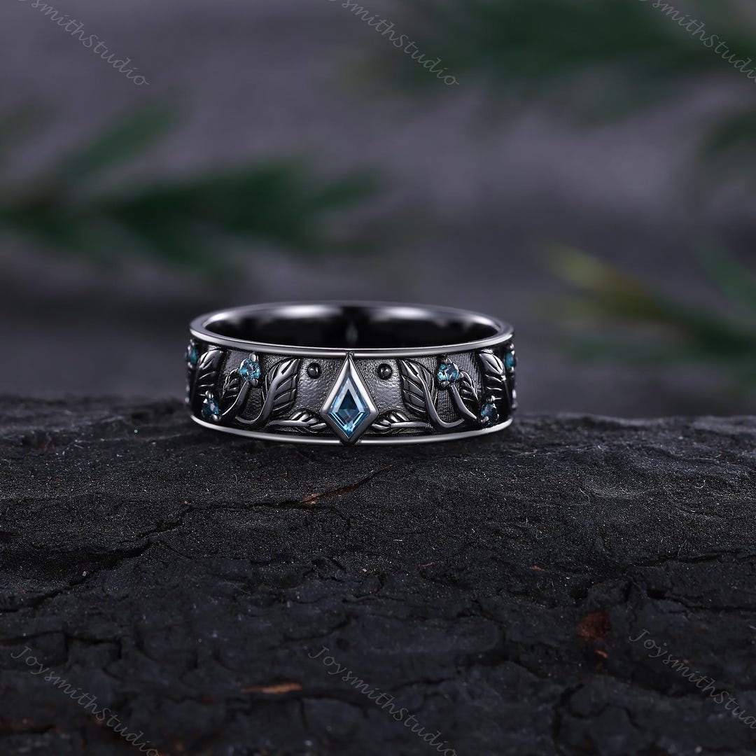Unique Kite London Blue Topaz Wedding Band Black Gold Grape Leaf ...
