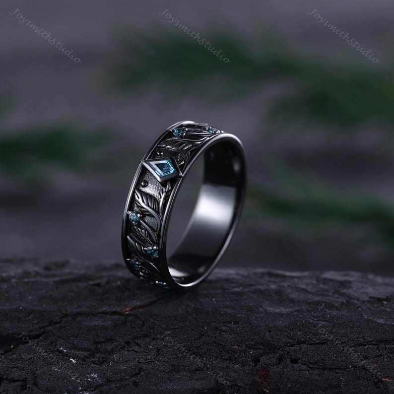 Unique Kite London Blue Topaz Wedding Band Black Gold Grape Leaf ...