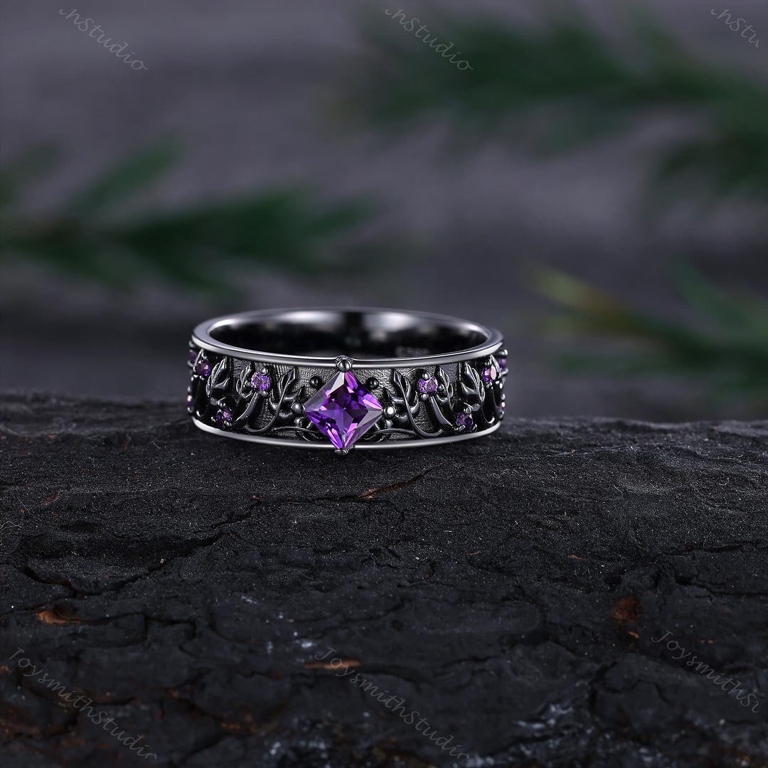 Vintage Amethyst Engagement Ring Unique 14K Black Gold Monstera Leaf ...