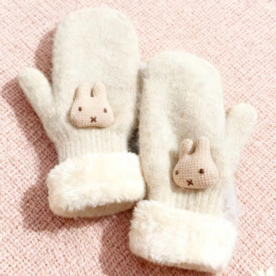 Cozy Mittens Fleece Lined Rabbit Fur Like, Winter Warm Beige Grey Mitts ...